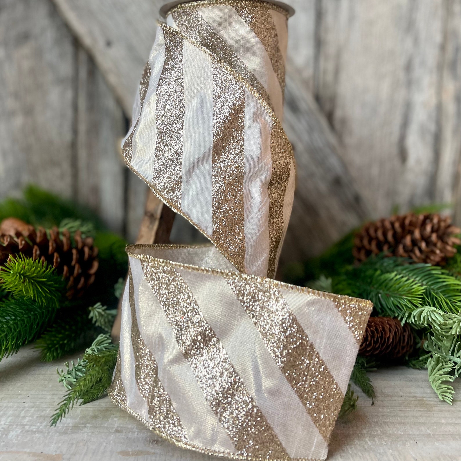 4 Platinum Diagonal Stripe Ribbon Champagne Gold 4 Inch - Etsy