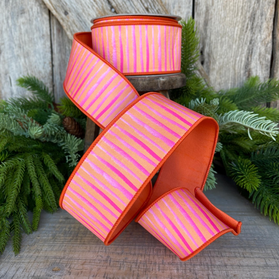 2.5" Orange Pink Stripe Ribbon, Farrisilk Ribbon, Wired Ribbon, Orange ...