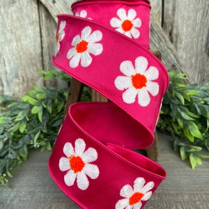 2.5" Hot Pink Daisy Ribbon, Farrisilk Ribbon, Spring Ribbon, Wired ...