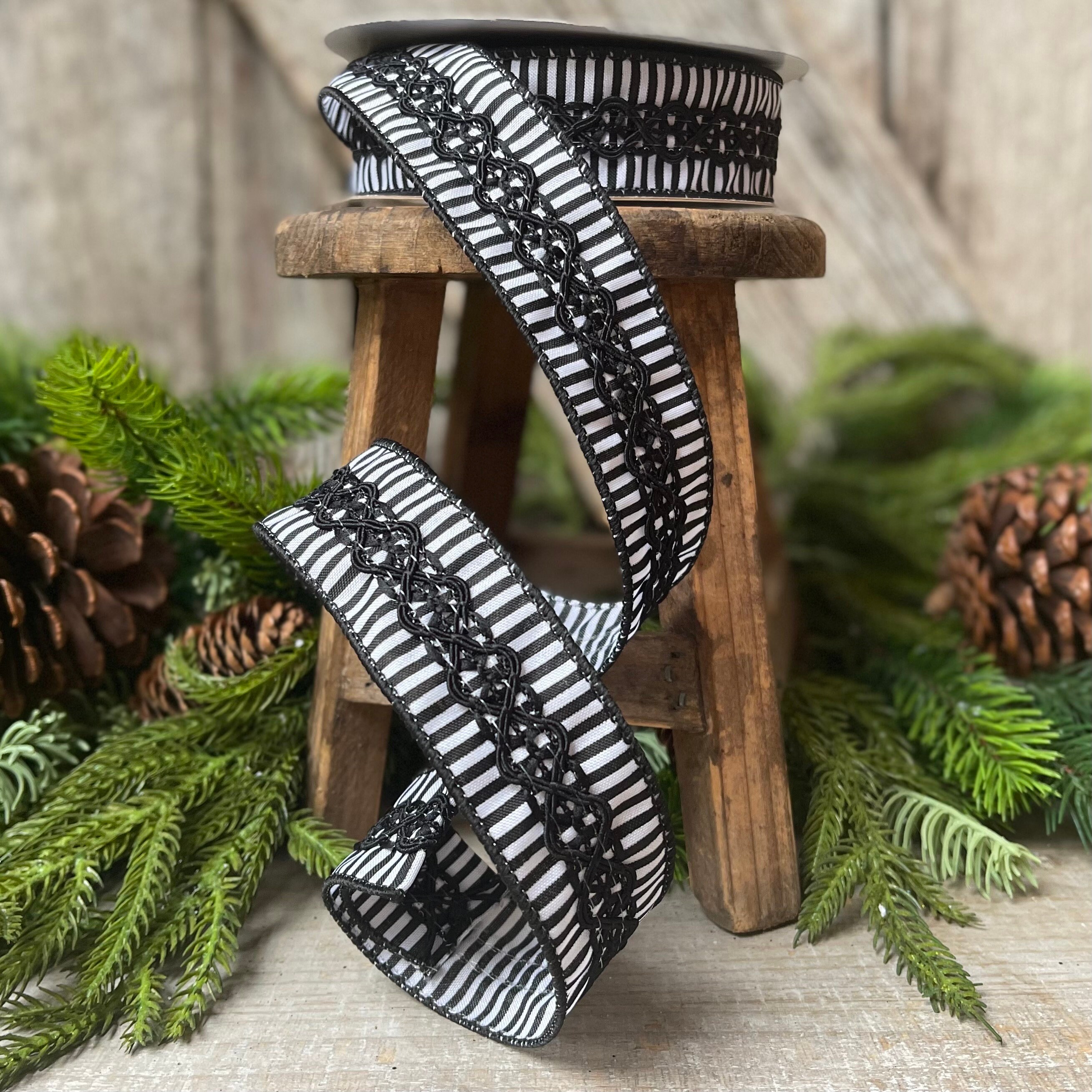 1.5 Black and White corded wired ribbon, Halloween Ribbon, designer ...