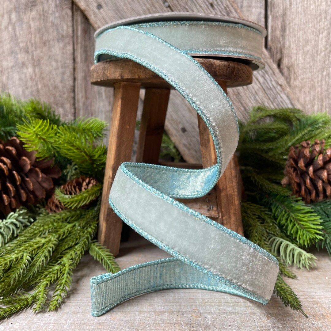 1" Light Blue Velvet Luster Wired Ribbon, Farrisilk Ribbon, Velvet ...