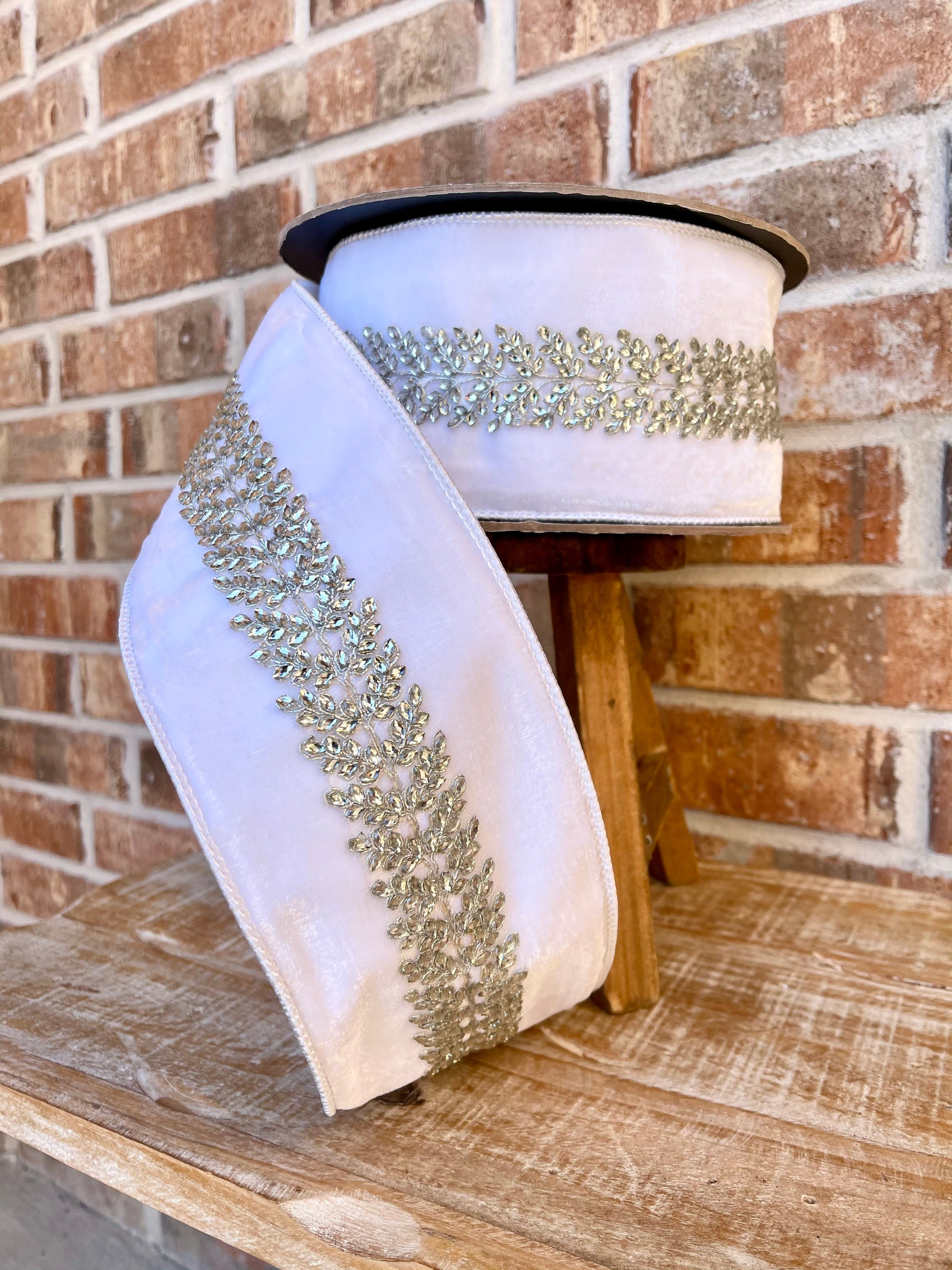 D Stevens ribbon, velvet jeweled ribbon, white ribbon, 4 inch ribbon ...