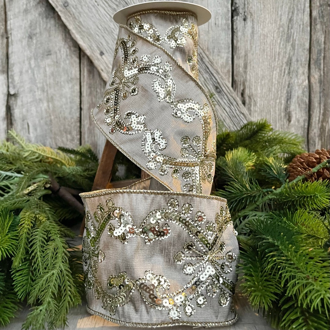 4" Champagne Gold Sequin Ribbon, 4 Inch Wired Christmas Ribbon ...