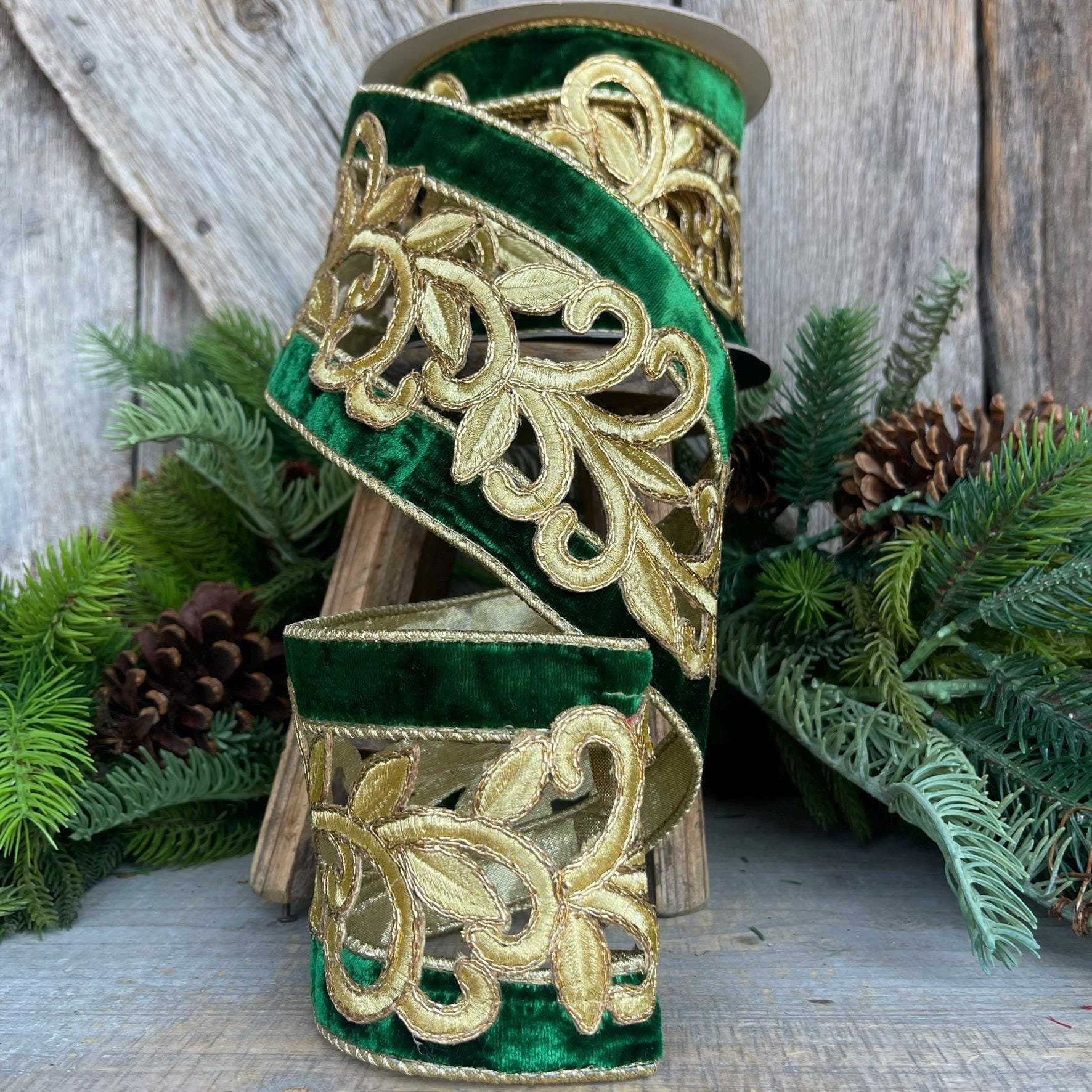 4 Emerald Green Gold Embroidered Lancet Ribbon, Farrisilk Ribbon, Green ...