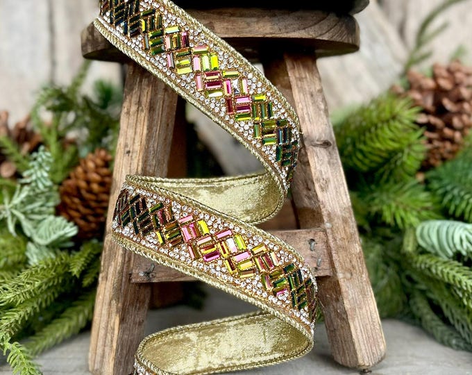 Green Emeral Cut Gemstones Ribbon, 1.5 Emerald Velvet Jeweled Ribbon ...