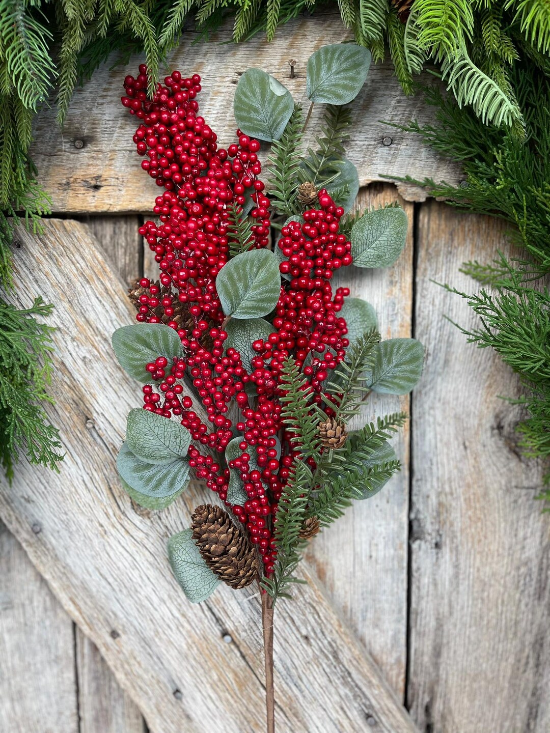 32" Red Berry Eucalyptus Pine Spray, Christmas Berry Spray, Christmas ...