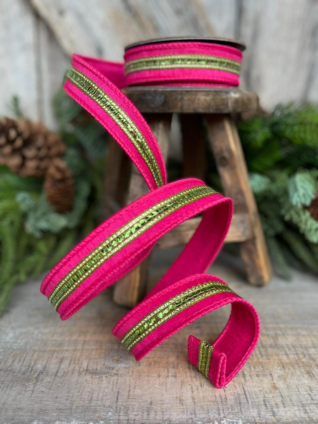7/8" Hot Pink Twinkle Trim Ribbon, Pink Lime Green Ribbon, Pink Jeweled ...