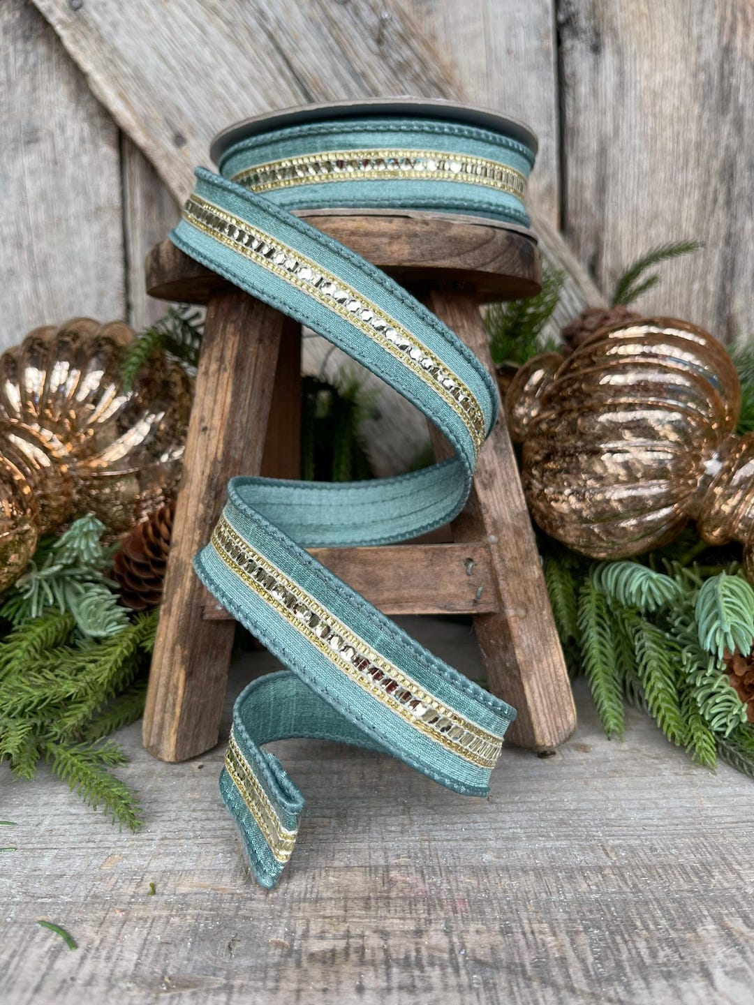 1 Teal Twinkle Trim Ribbon, Farrisilk Ribbon, Teal Jeweled Ribbon, Teal ...