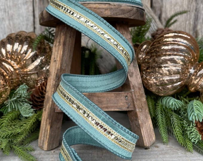 1" Teal Twinkle Trim Ribbon, Farrisilk Ribbon, Teal Jeweled Ribbon ...