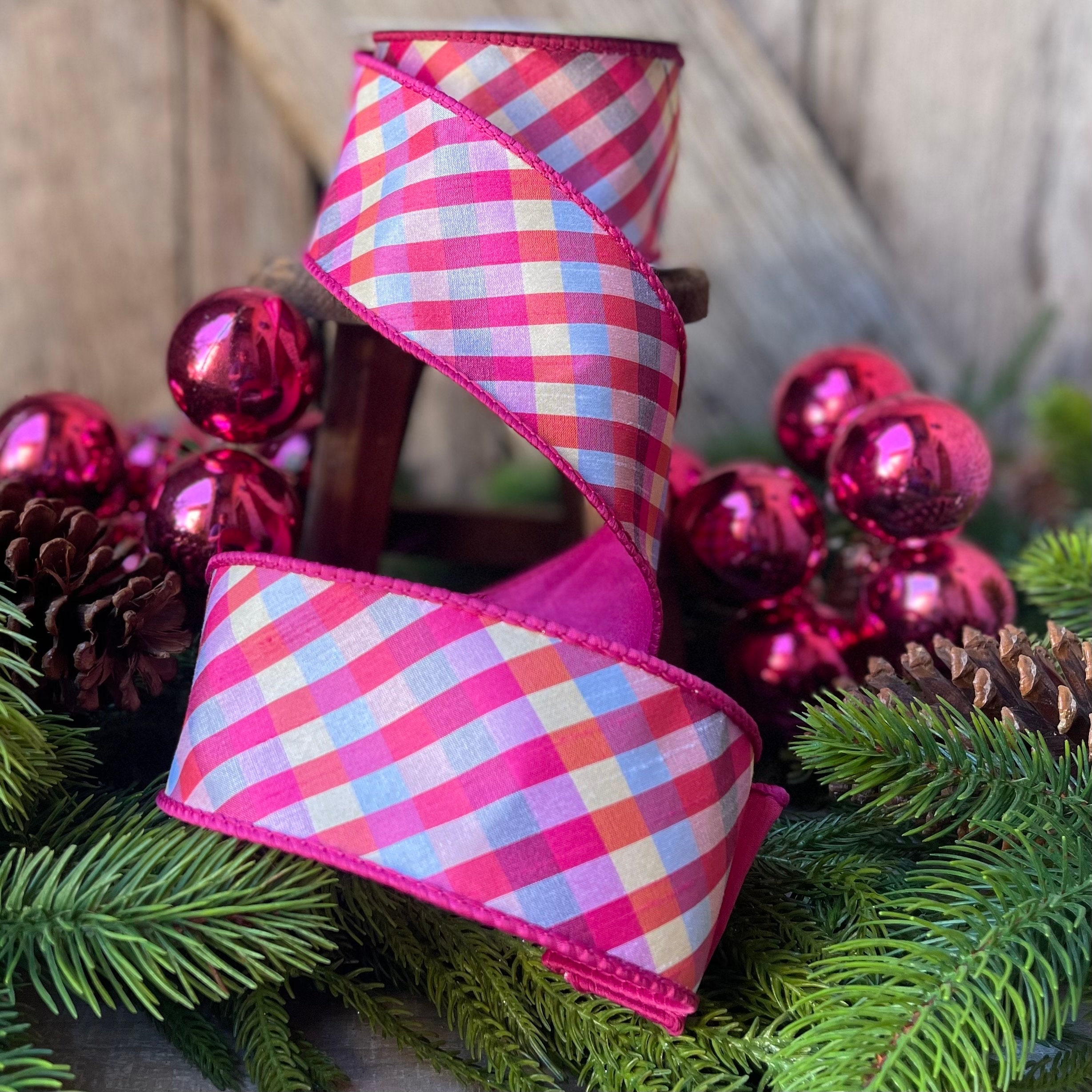 2.5 Hot Pink Diagonal Plaid, D. Stevens Ribbon, Designer Ribbon, Pink ...