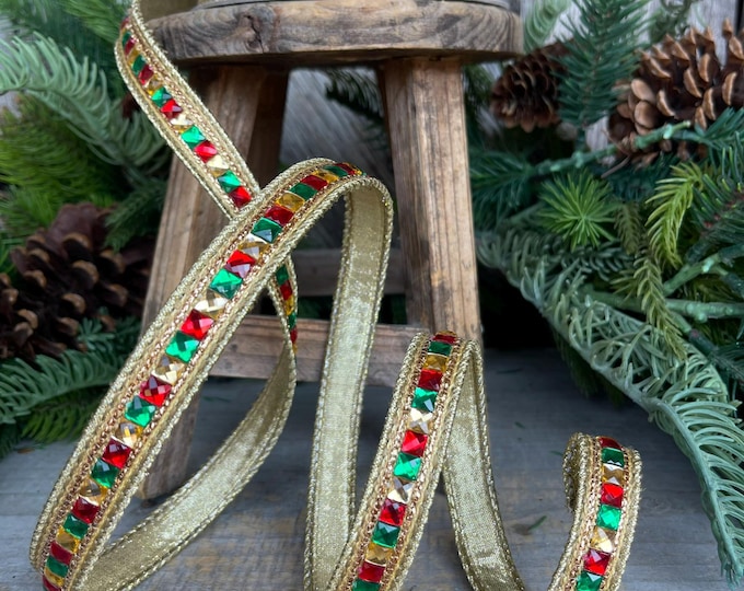 3/4" Red Green Gold Jeweled Ribbon, Farrisilk Ribbon, Jewelry Garland ...