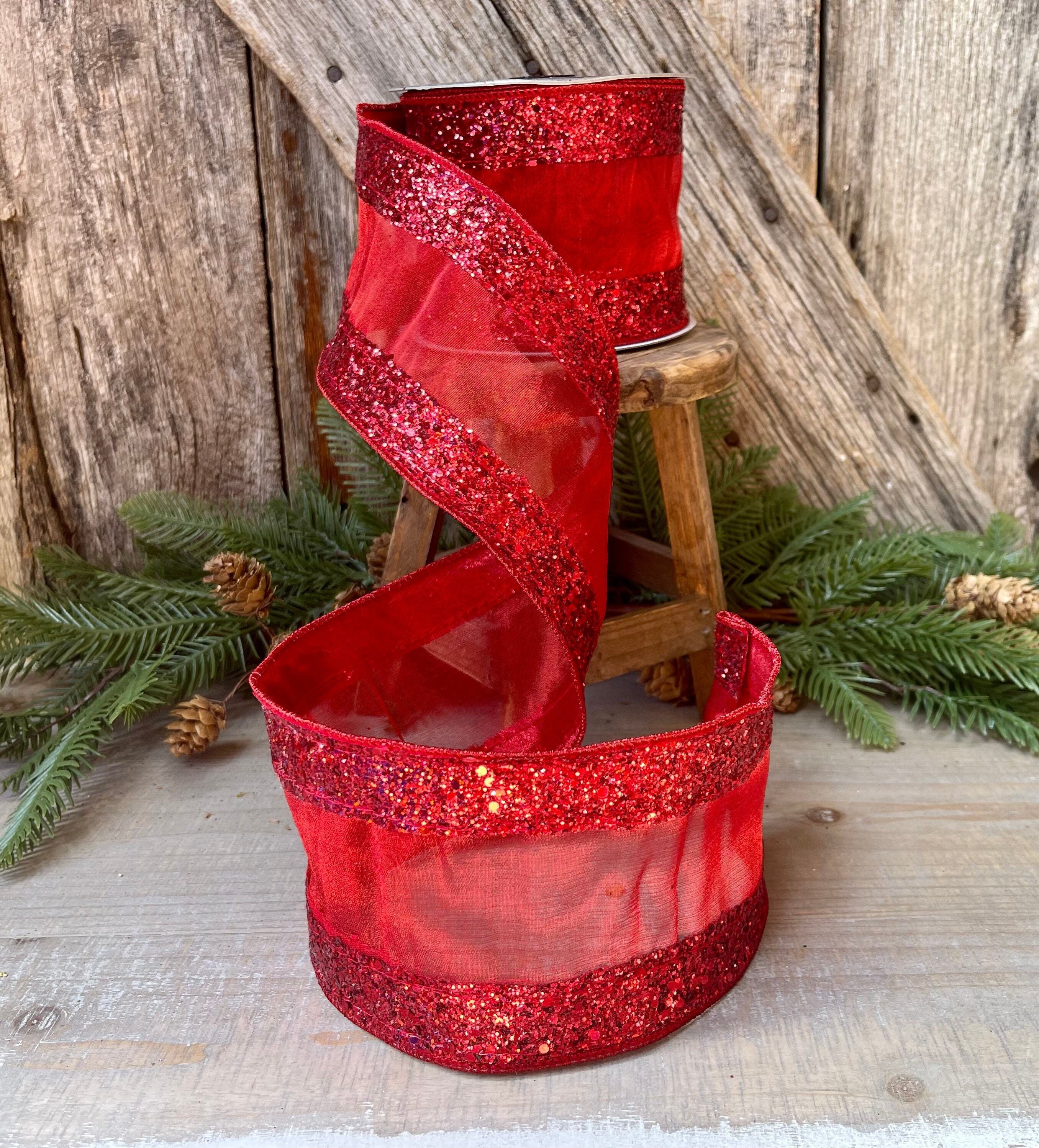 Red Chunky Glitter Borders, 4 inch red ribbon, Christmas tree ribbon ...