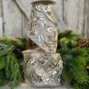 4" Champagne Gold Sequin Ribbon, 4 Inch Wired Christmas Ribbon ...