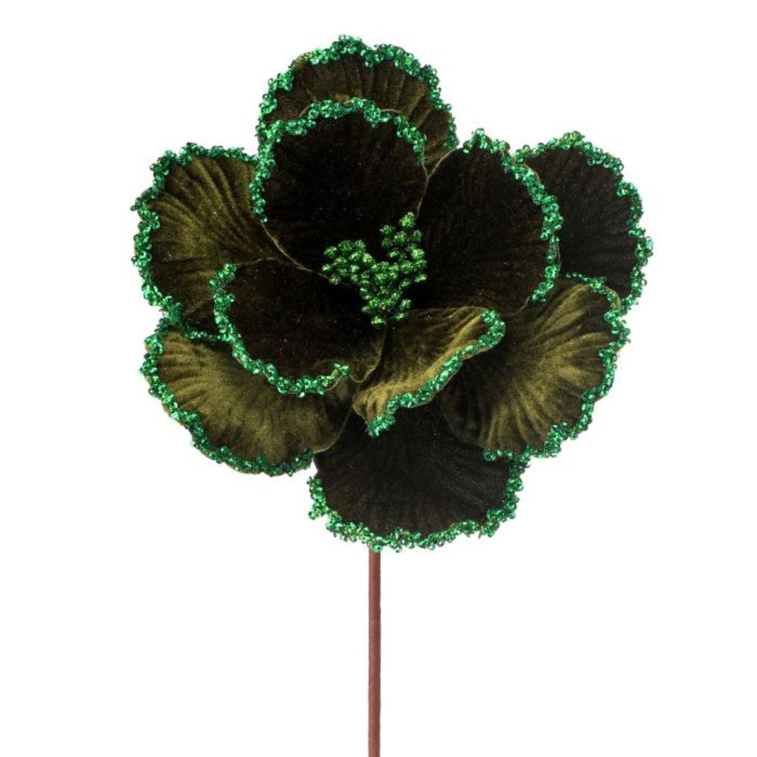 24" Emerald Magnolia, Sequin Border Magnolia, Christmas Magnolia Stem ...