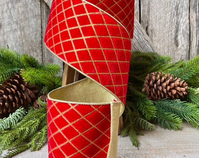 4" Red Gold Velvet Metallic Diamonds Ribbon, Farrisilk Ribbon, Red ...