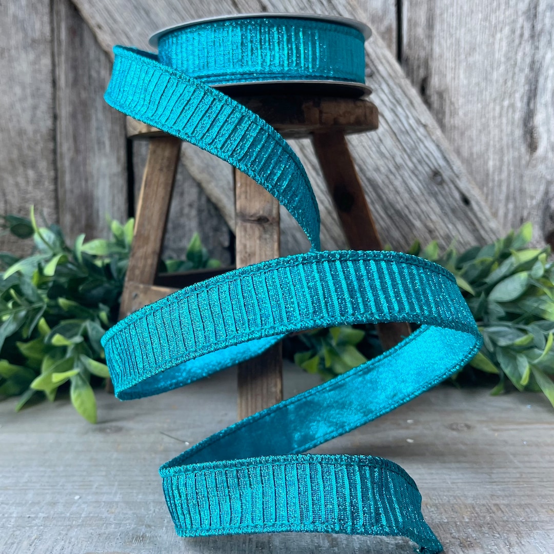 1" Turquoise Pleated Metallic Ribbon, Teal Ribbbon, Farrisilk Ribbon ...