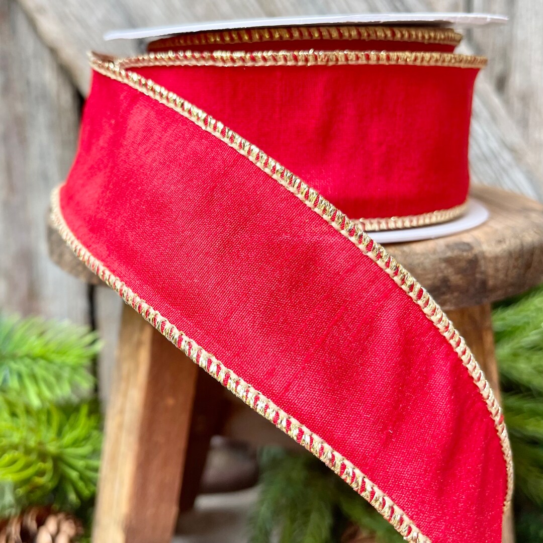 1.5 Red and Gold Dupioni Ribbon, Wired Ribbon, Christmas Ribbon, Ribbon ...