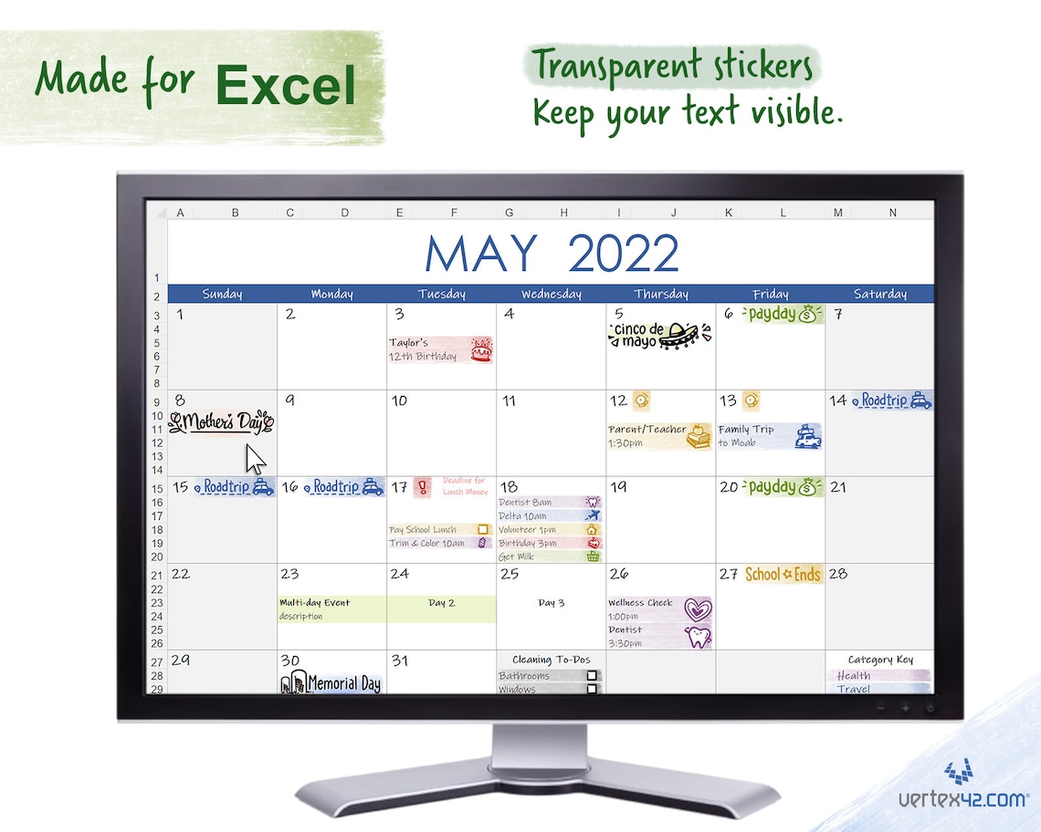 100+ Digital Calendar Stickers and Planner Stickers, Illustrated, for ...