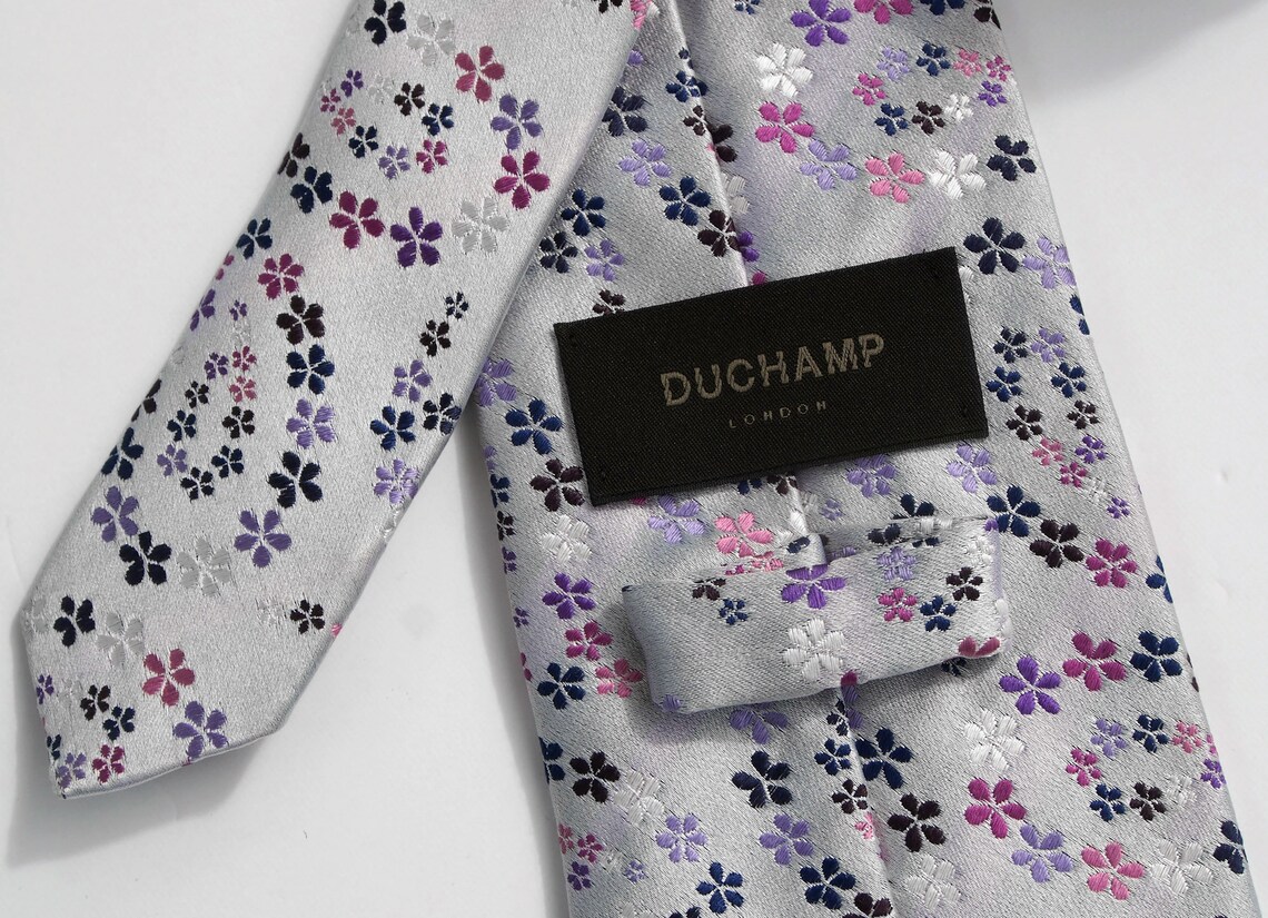 DUCHAMP LONDON Floral Paisley Brocade Gray Silk Neck-tie Made in ...