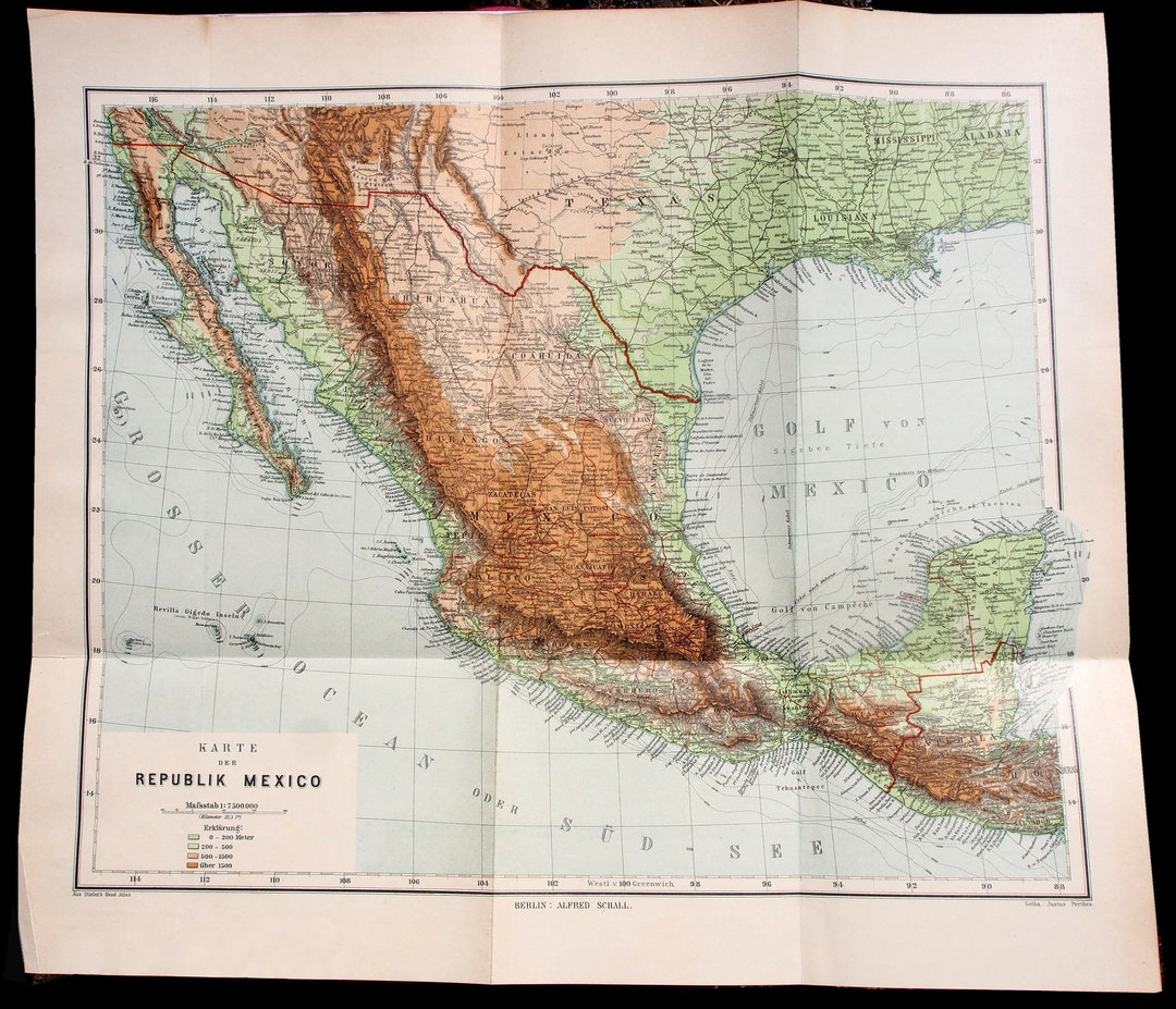 Original Antique 1900 Map of Republik MEXICO Printed in Berlin by ...