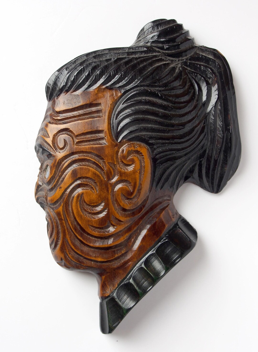 Vintage New Zealand Maori Hand-carved Wooden Tattooed Face Profile With ...