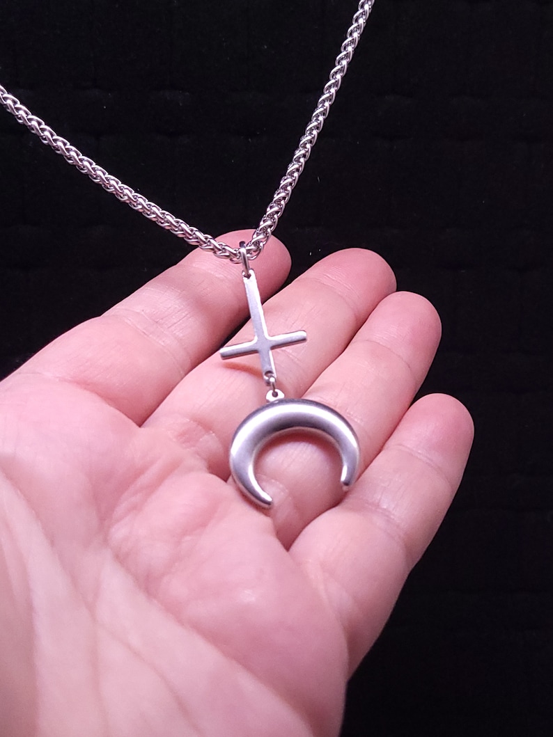 SATANIC WARLOCK, Inverted Cross Necklace, Double Horn Crescent Moon ...
