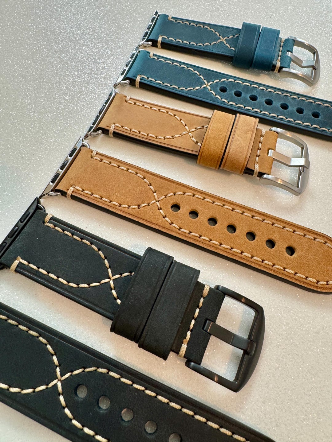 Bold Hand Stitched Leather Apple Watch Band Mens Black, Tan, Brown ...