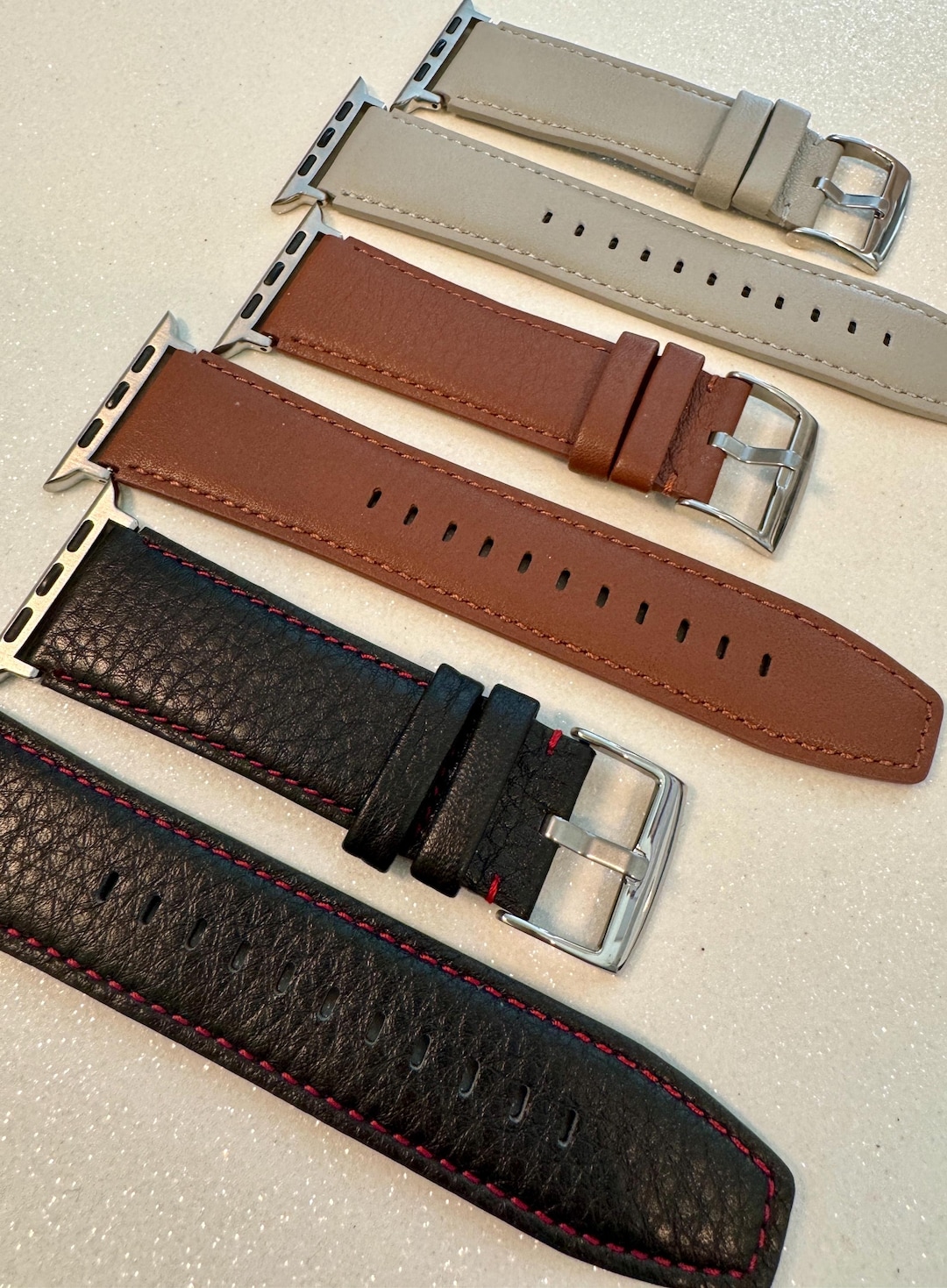 Leather Apple Watch Band Mens Pebbled Black-red, Smooth Tan-brown, Gray ...