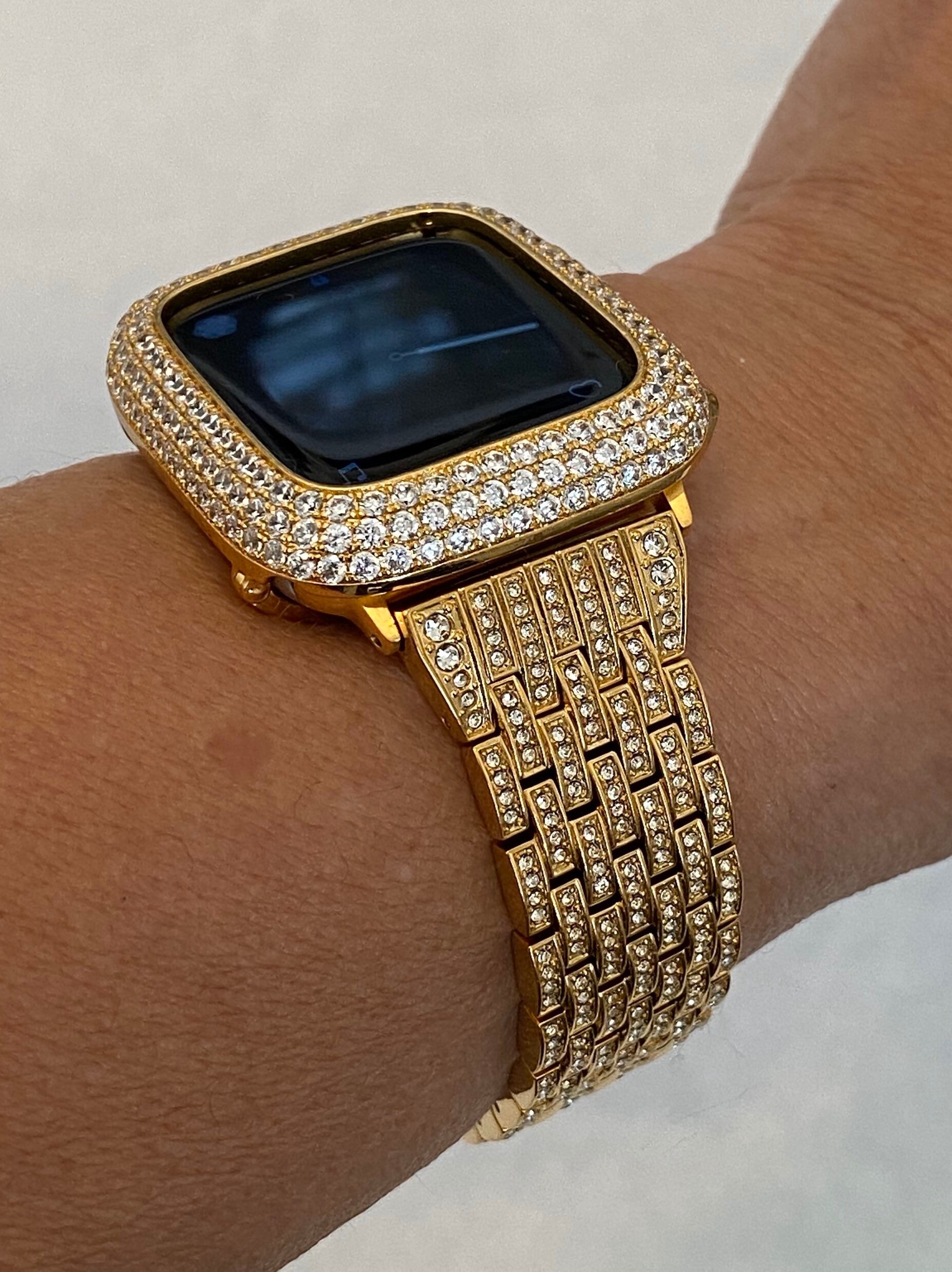 Gold Apple Watch Band Womens and or Apple Watch Bezel Lab Diamond Cover ...