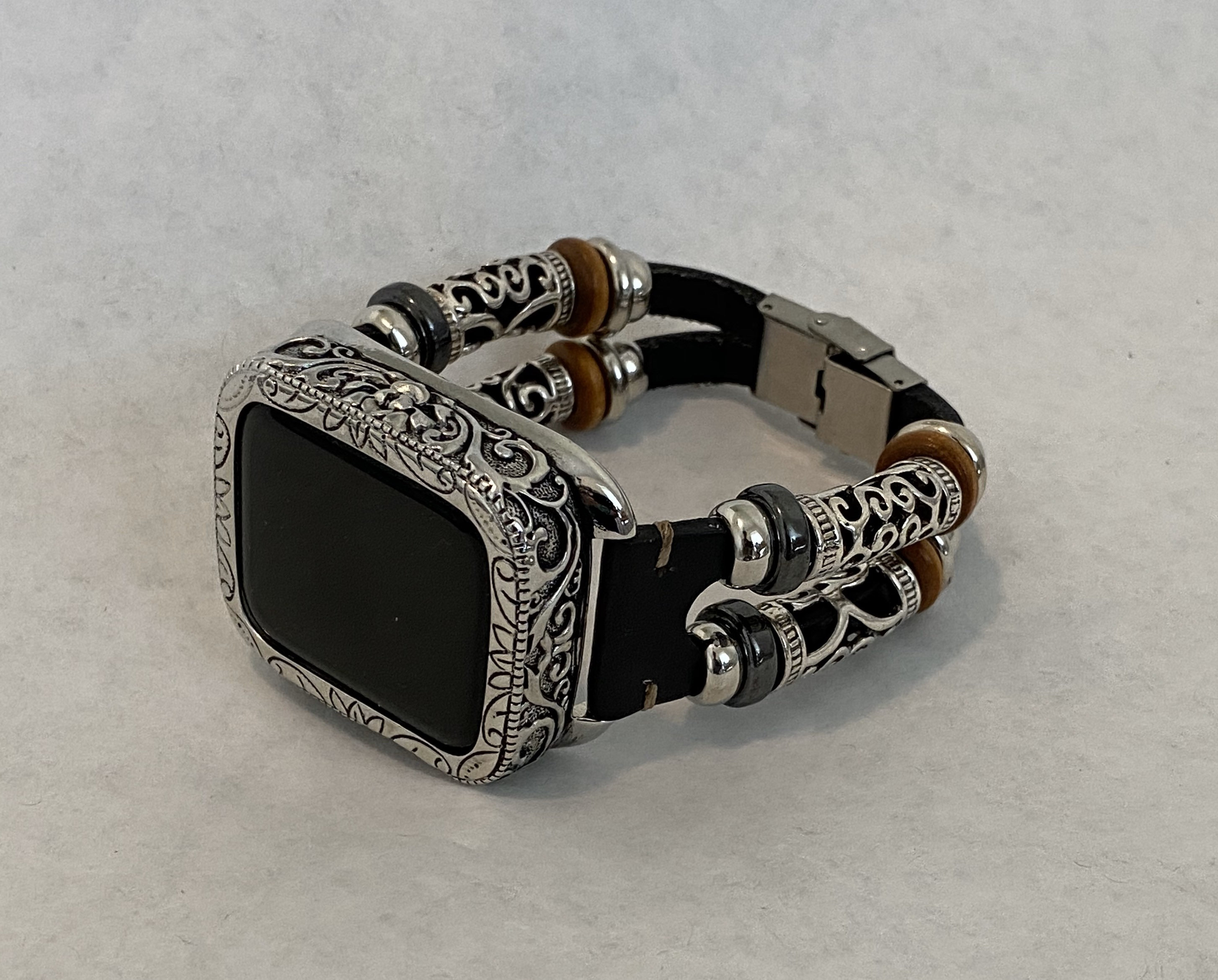 Boho Apple Watch Band Leather Black and or Engrave Iwatch Case Women ...