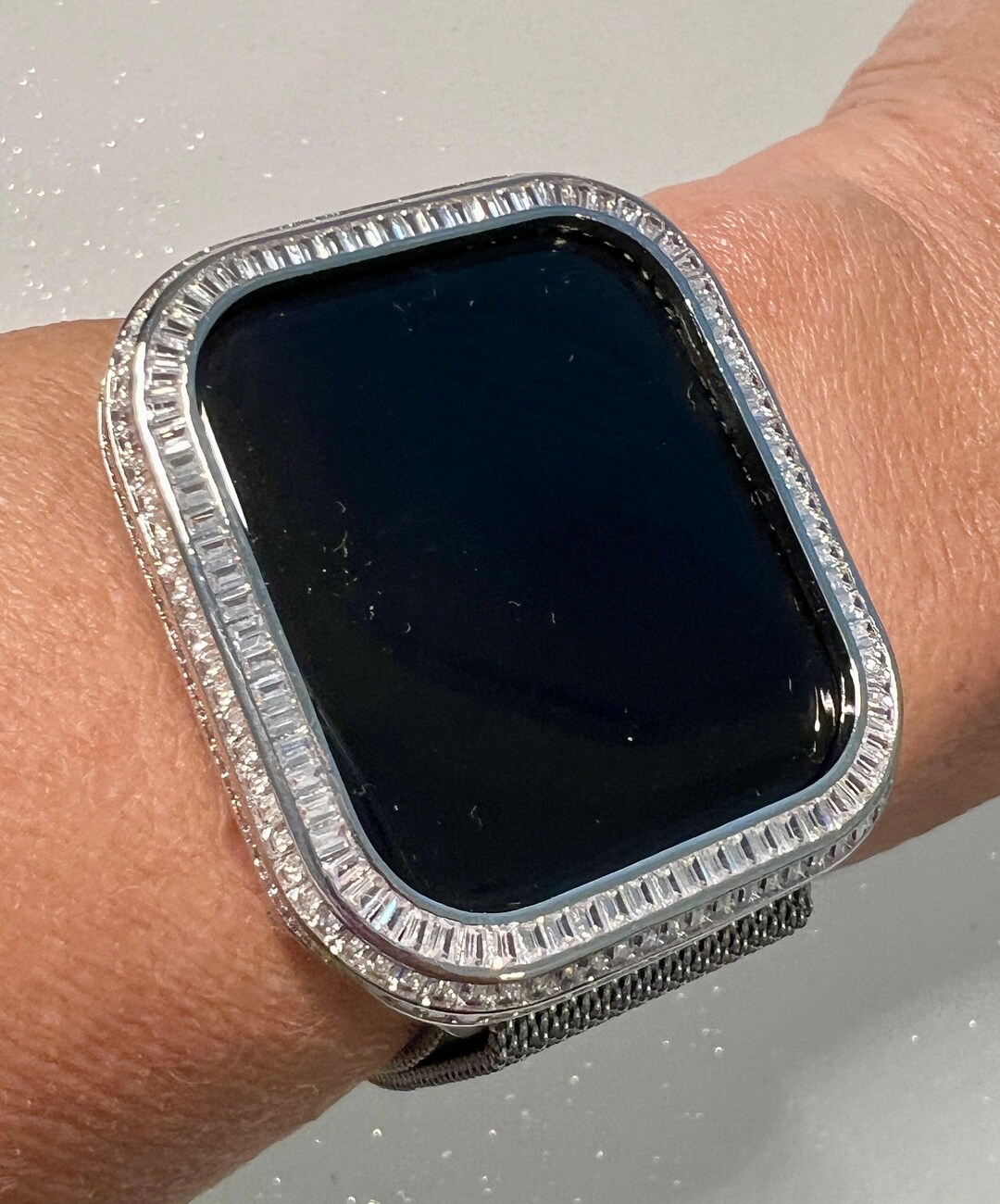Designer Apple Watch Case Silver Baguette Lab Diamond Bezel Designer ...