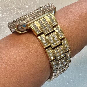 Iced Out Mens Apple Watch Band Women Gold Stainless Steel Crystals & or ...