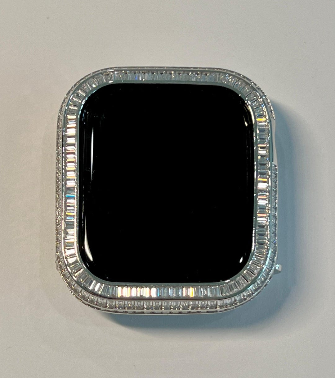 Custom Apple Watch Case Silver Baguette Lab Diamond Bezel Designer ...