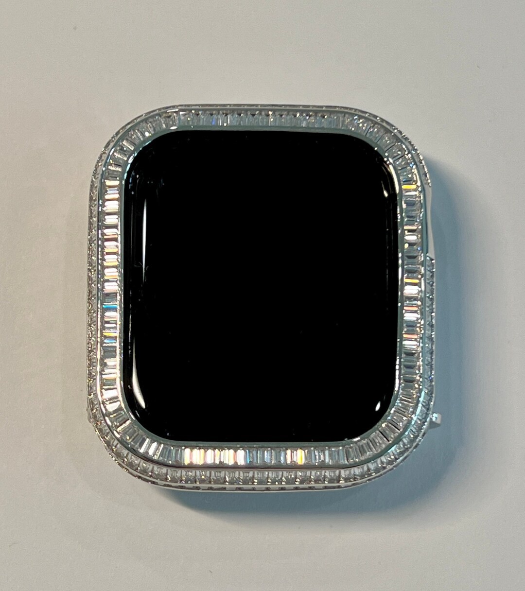 Custom Apple Watch Case Silver Baguette Lab Diamond Bezel Designer ...
