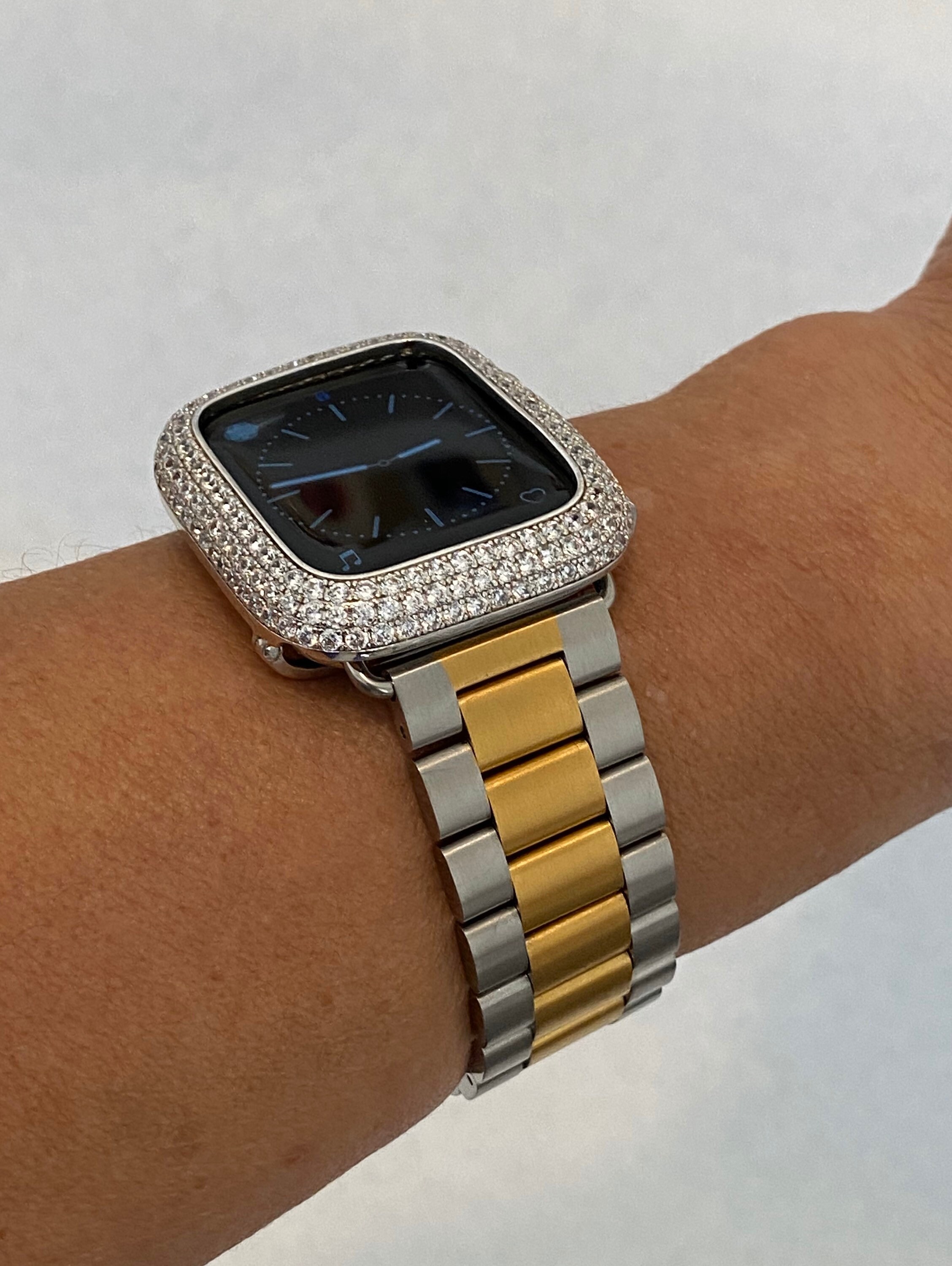 Silver/Gold Apple Watch Band and or Lab Diamond Bezel Cover Iwatch Band ...