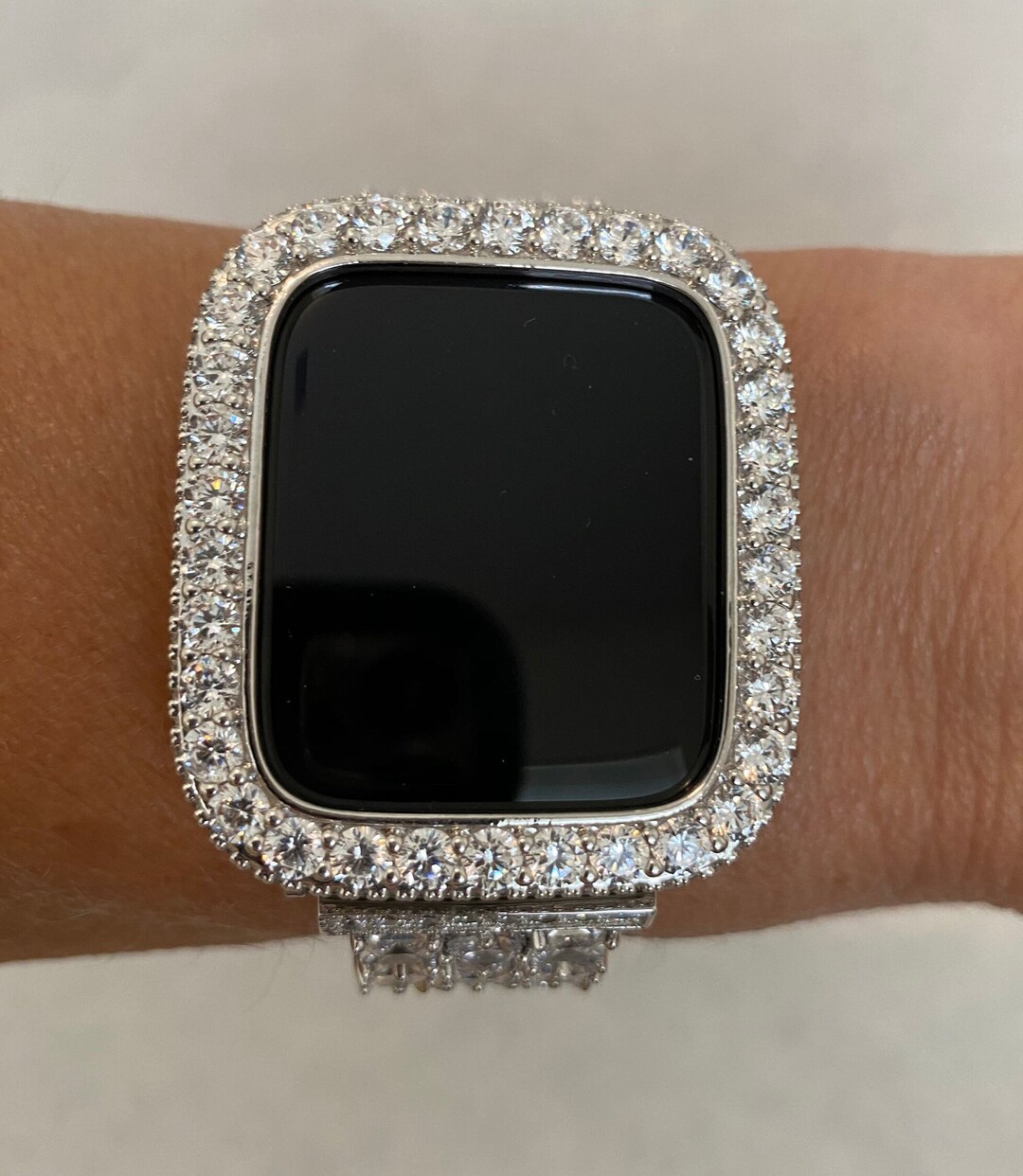 Silver Apple Watch Case Large 3.5mm Lab Diamonds Bezel Apple Watch ...