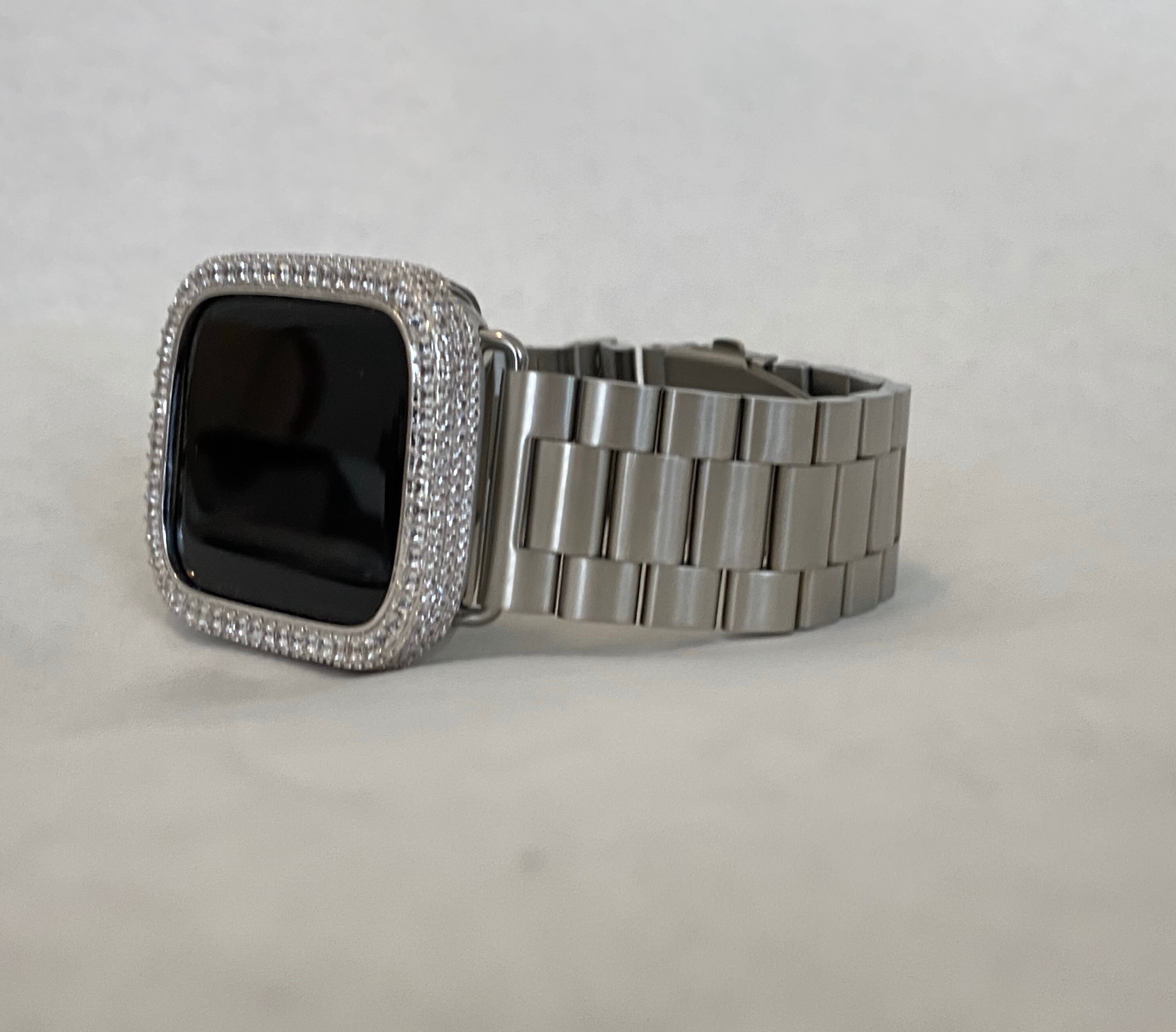 Series 1-8 Apple Watch Band Silver Stainless Steel & or Lab Diamond ...