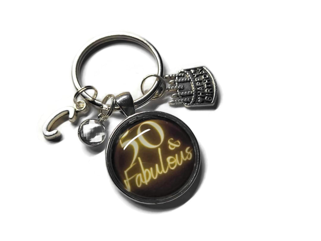 Personalised 50 & FABULOUS 25mm Glass Cabochon Keyring Add Birthstone ...
