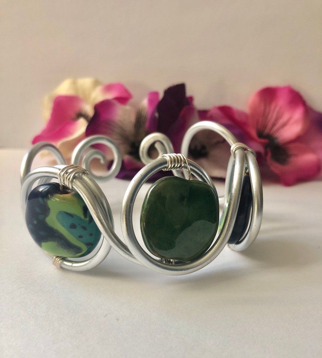 Wire Wrapped Swirl Wave Loop Cuff Bracelet, Kazuri Beads, Boho ...
