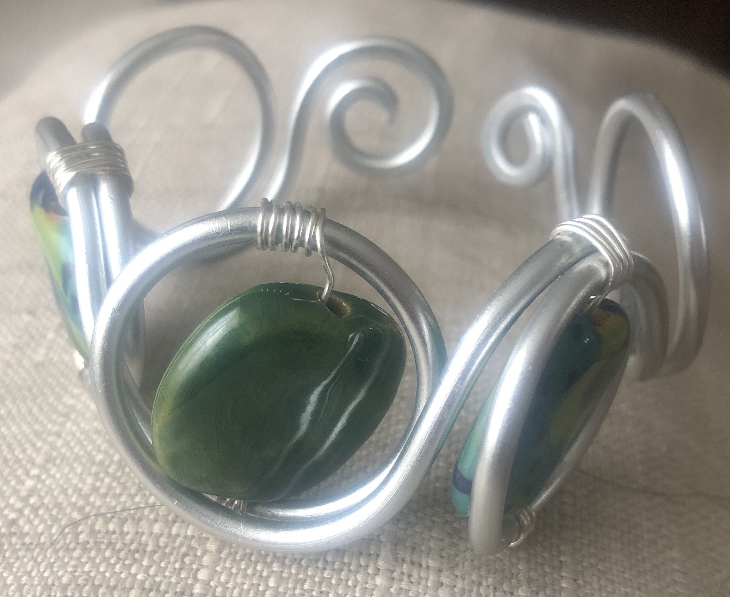 Wire Wrapped Swirl Wave Loop Cuff Bracelet, Kazuri Beads, Boho ...