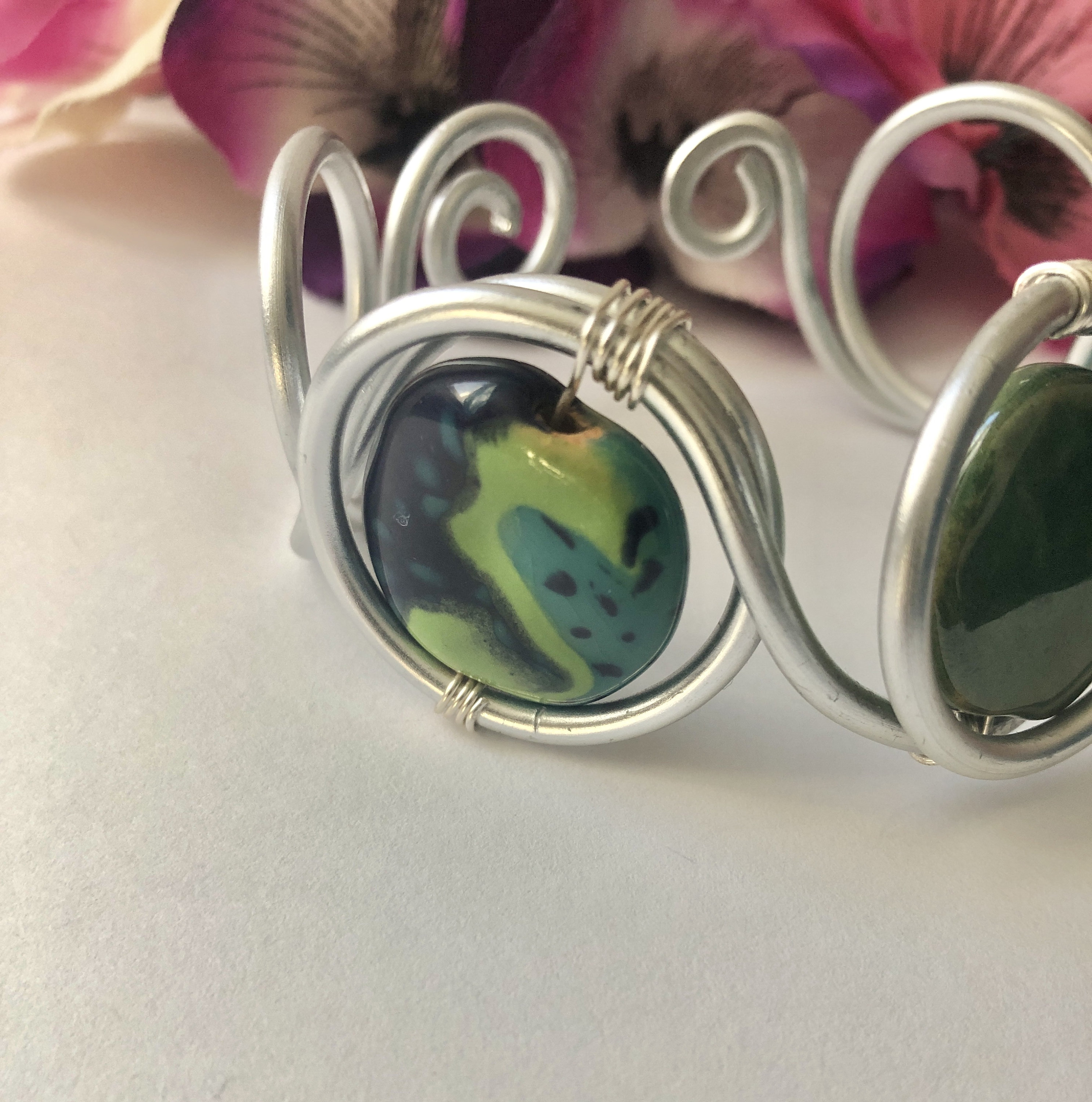Wire Wrapped Swirl Wave Loop Cuff Bracelet, Kazuri Beads, Boho ...