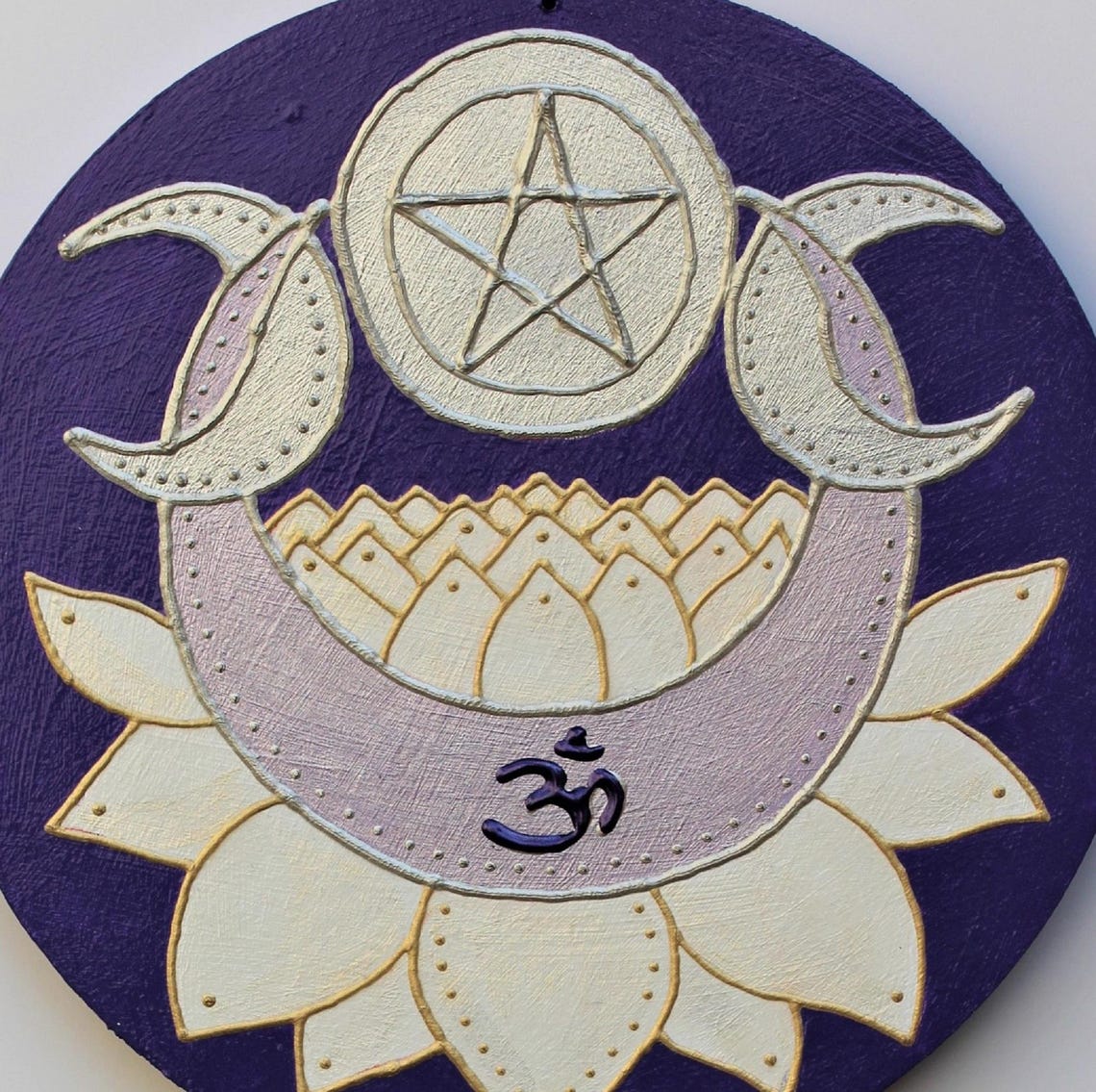 Triple Moon Wall Hanging With Pentagram White Lotus Flower and Om ...