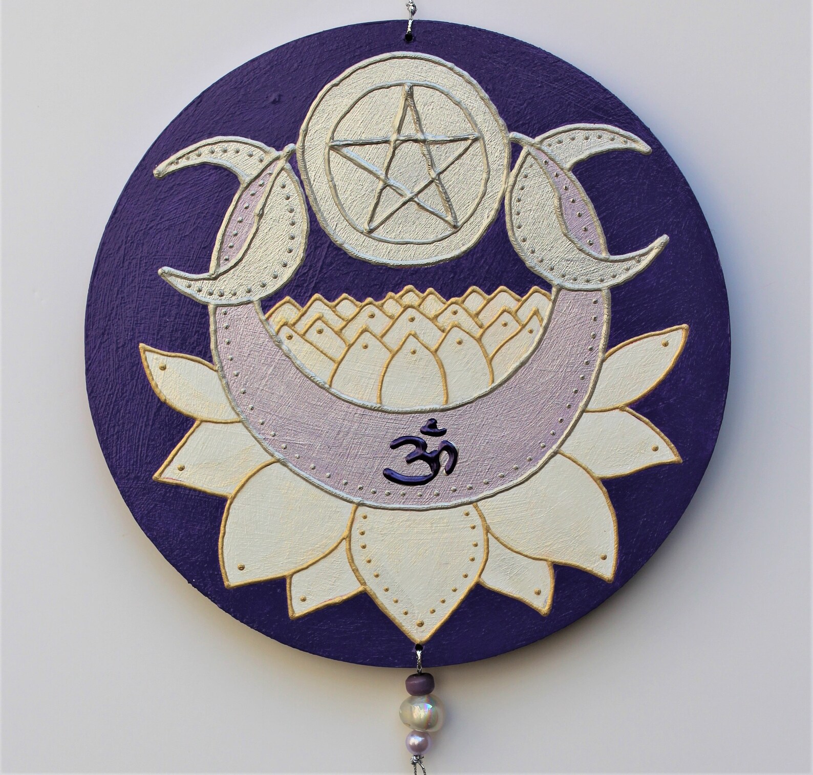 Triple Moon Wall Hanging With Pentagram White Lotus Flower and Om ...