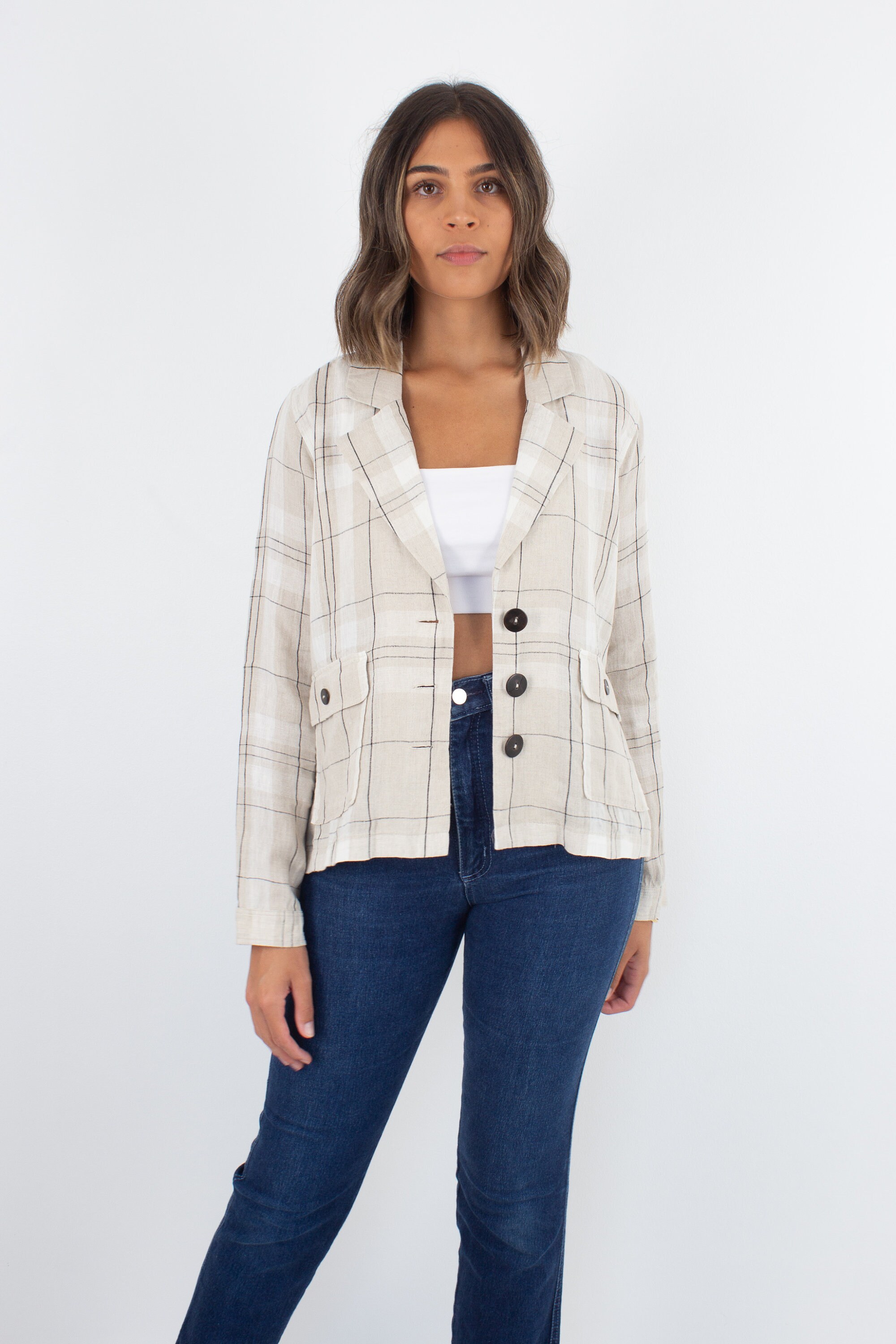 Beige Check Linen Button up Jacket Blazer | Spring Summer Light Jacket ...