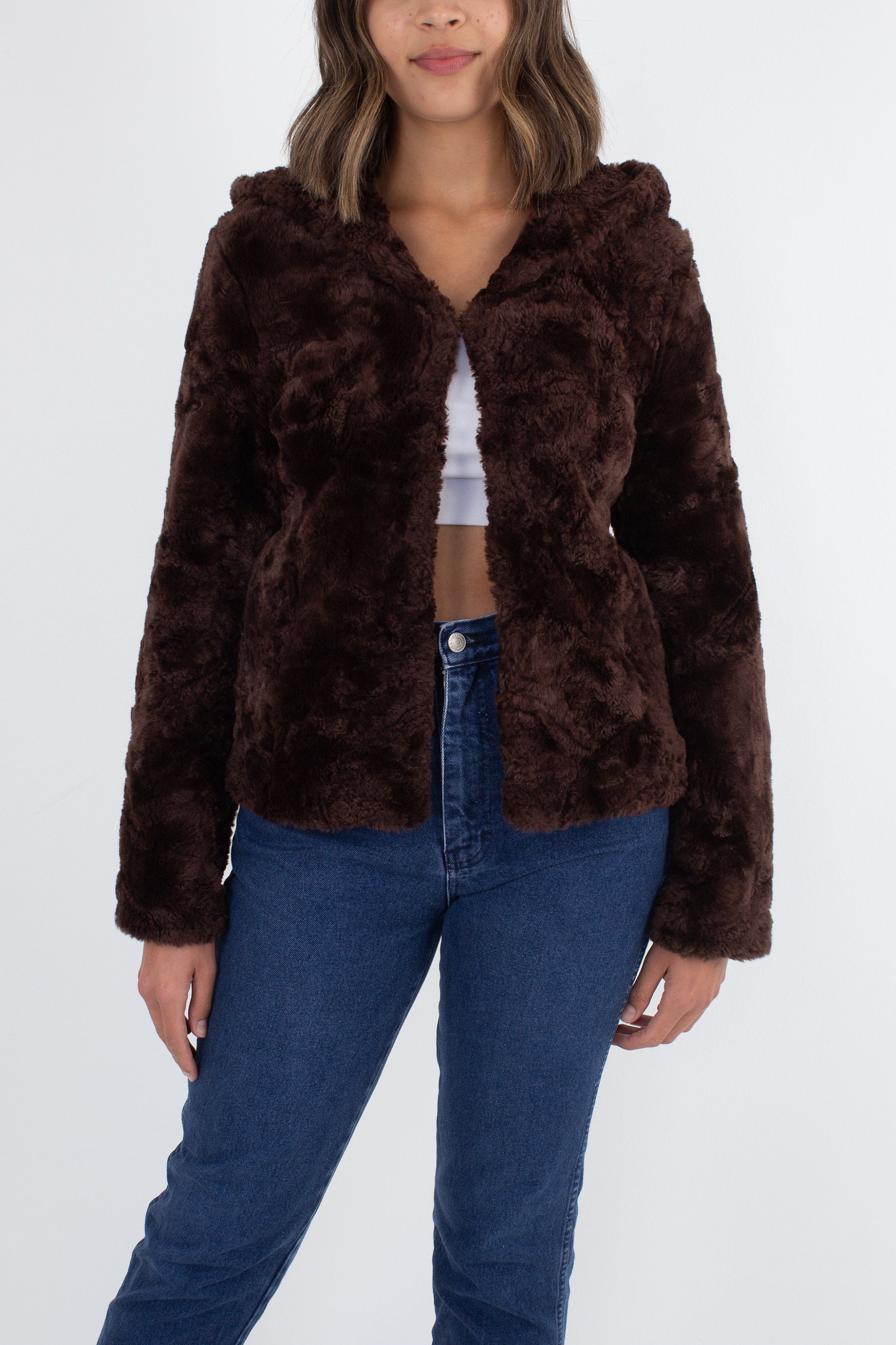 90s Chocolate Brown Faux Fur Fluffy Hooded Jacket - Size XS/S - Etsy
