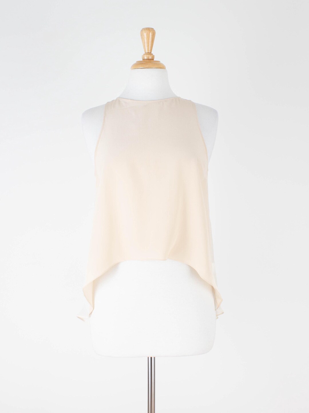 Two-tone Beige & Cream Drop Tail Sheer Silk Blouse Womens Sleeveless ...