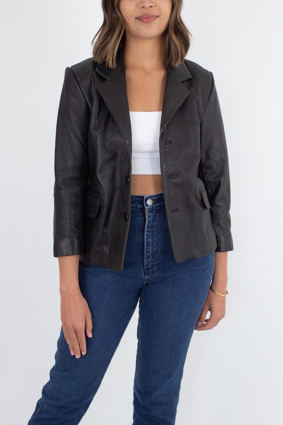 90s / Y2K Black Minimalist Leather Jacket Womens Ladi… - Gem