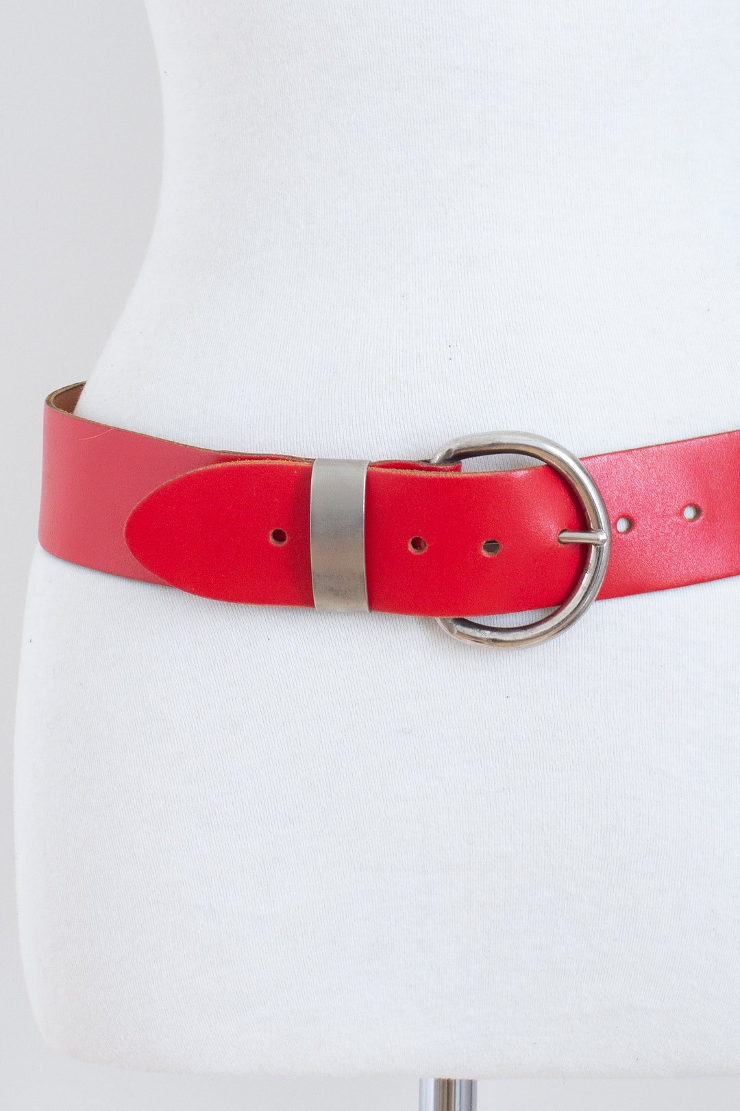 80s 1980s Bright Red Wide Genuine Leather Womens Unique Statement Belt ...
