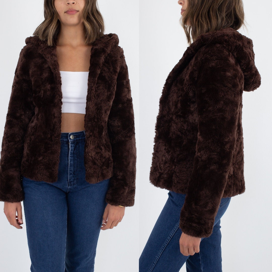 90s Chocolate Brown Faux Fur Fluffy Hooded Jacket - Size XS/S - Etsy