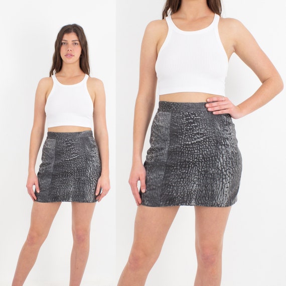80s 1980s Light Grey Acid Wash Leather Short Mini Ski… - Gem